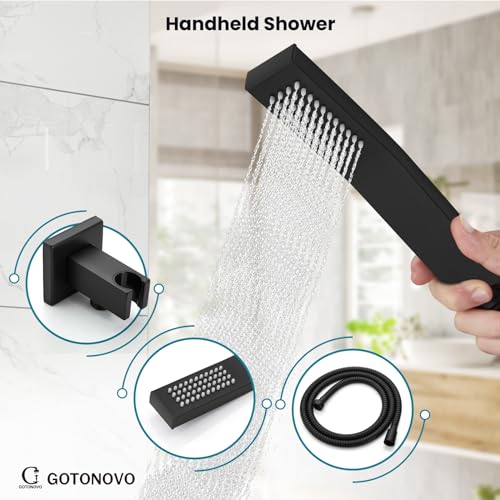 gotonovo Matte Black Shower System with Tub Spout 3 Function Mixer Shower Tub Combo Set 10 Inch Wall Mounted Rainfall Shower Head with Handheld Shower Bathroom Luxury Rain Rough-in Valve and Trim Kit