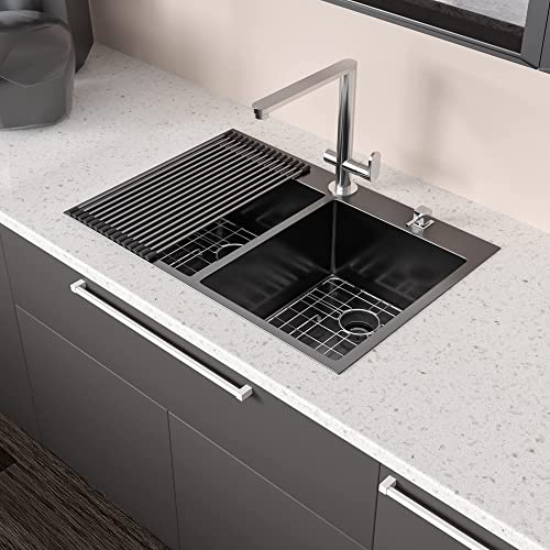 Black Drop in Kitchen Sink - Mocoloo 33x22 Gunmetal Black Double Bowl Stainless Steel 16 Gauge Deep Sinks 50/50