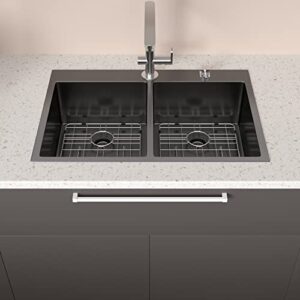 Black Drop in Kitchen Sink - Mocoloo 33x22 Gunmetal Black Double Bowl Stainless Steel 16 Gauge Deep Sinks 50/50