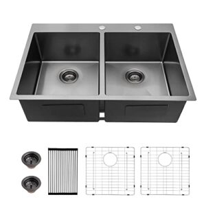 Black Drop in Kitchen Sink - Mocoloo 33x22 Gunmetal Black Double Bowl Stainless Steel 16 Gauge Deep Sinks 50/50