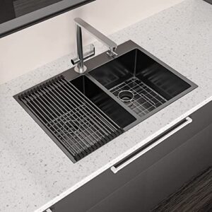 Black Drop in Kitchen Sink - Mocoloo 33x22 Gunmetal Black Double Bowl Stainless Steel 16 Gauge Deep Sinks 50/50