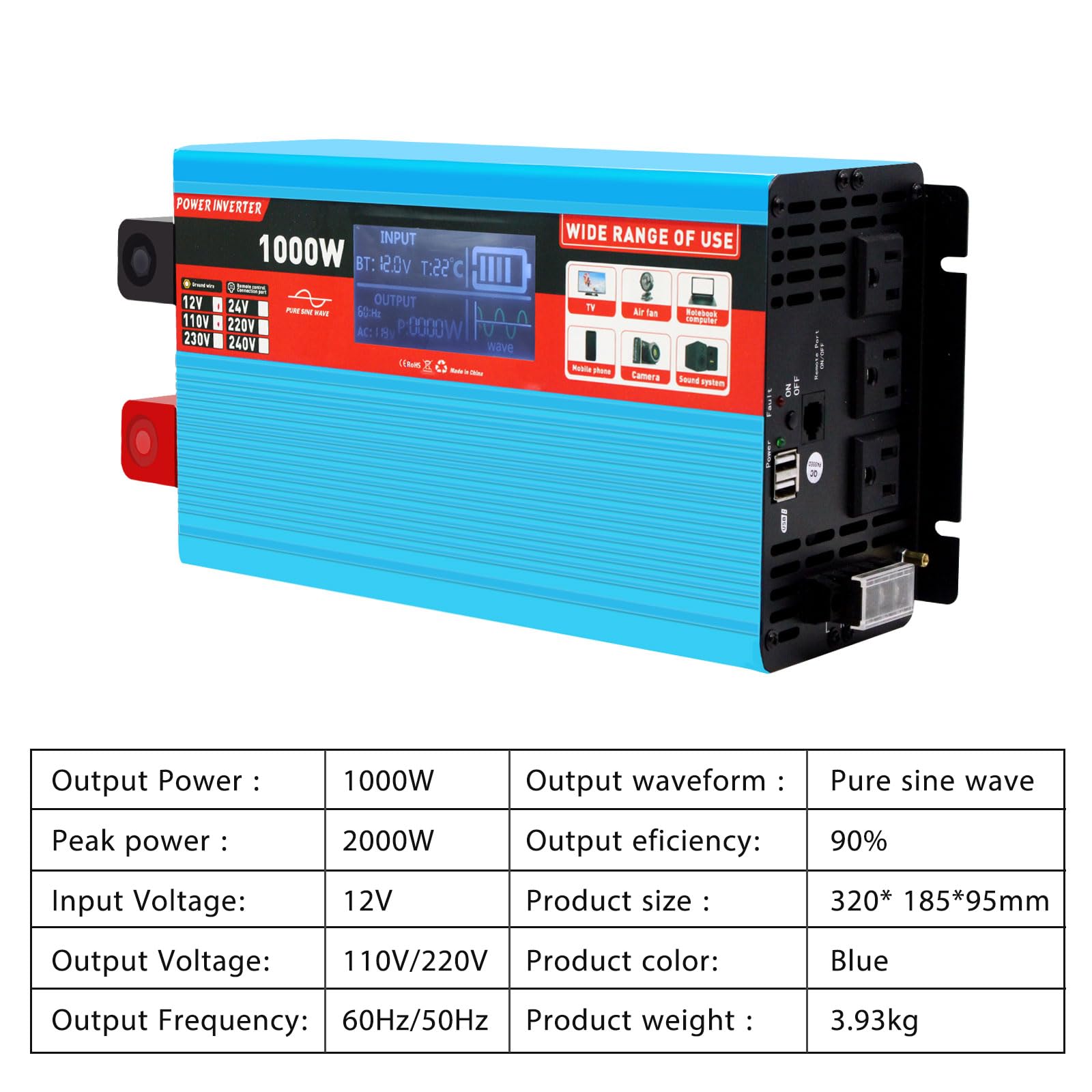 POWLAND 3000W Solar Inverter 24V DC to 110V/120V AC, Pure Sine Wave All-in ONE Built-in MPPT Charge Controller Work with Lead Acid Lithium Gel Battery for Off-Grid System