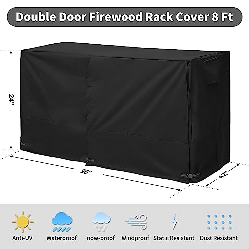 RICHIE Firewood Log Rack Covers, 8FT Waterproof All-Weather Outdoor Protection for Firewood Rack Cover 96" x 24" x 42", Black DHFLC96-BK