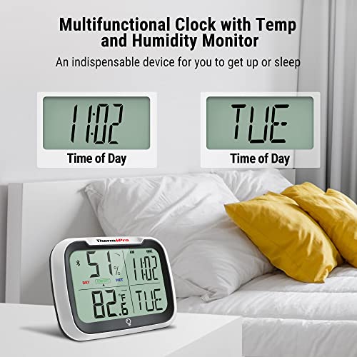 ThermoPro TP393 Hygrometer Indoor Thermometer for Home, Bluetooth Hygrometer Thermometer Range to 260FT via Smart App, Rechargeable Humidity Meter Room Thermometer and Clock with Large Size, Backlit