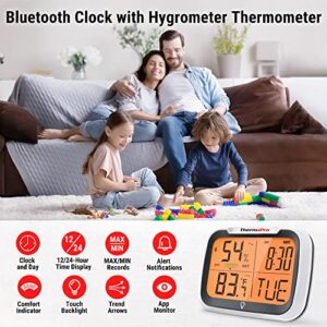 ThermoPro TP393 Hygrometer Indoor Thermometer for Home, Bluetooth Hygrometer Thermometer Range to 260FT via Smart App, Rechargeable Humidity Meter Room Thermometer and Clock with Large Size, Backlit