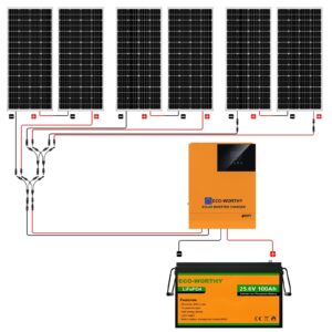 ECO-WORTHY 4.8KWH Solar Power Complete Kit 1200W 24V with Lithium Battery and Inverter for Home: 6pcs 195W Solar Panel + 1pc 25.6V 100Ah Li-Battery + 3000W MPPT Hybrid Charger Inverter