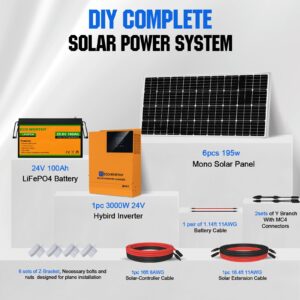 ECO-WORTHY 4.8KWH Solar Power Complete Kit 1200W 24V with Lithium Battery and Inverter for Home: 6pcs 195W Solar Panel + 1pc 25.6V 100Ah Li-Battery + 3000W MPPT Hybrid Charger Inverter