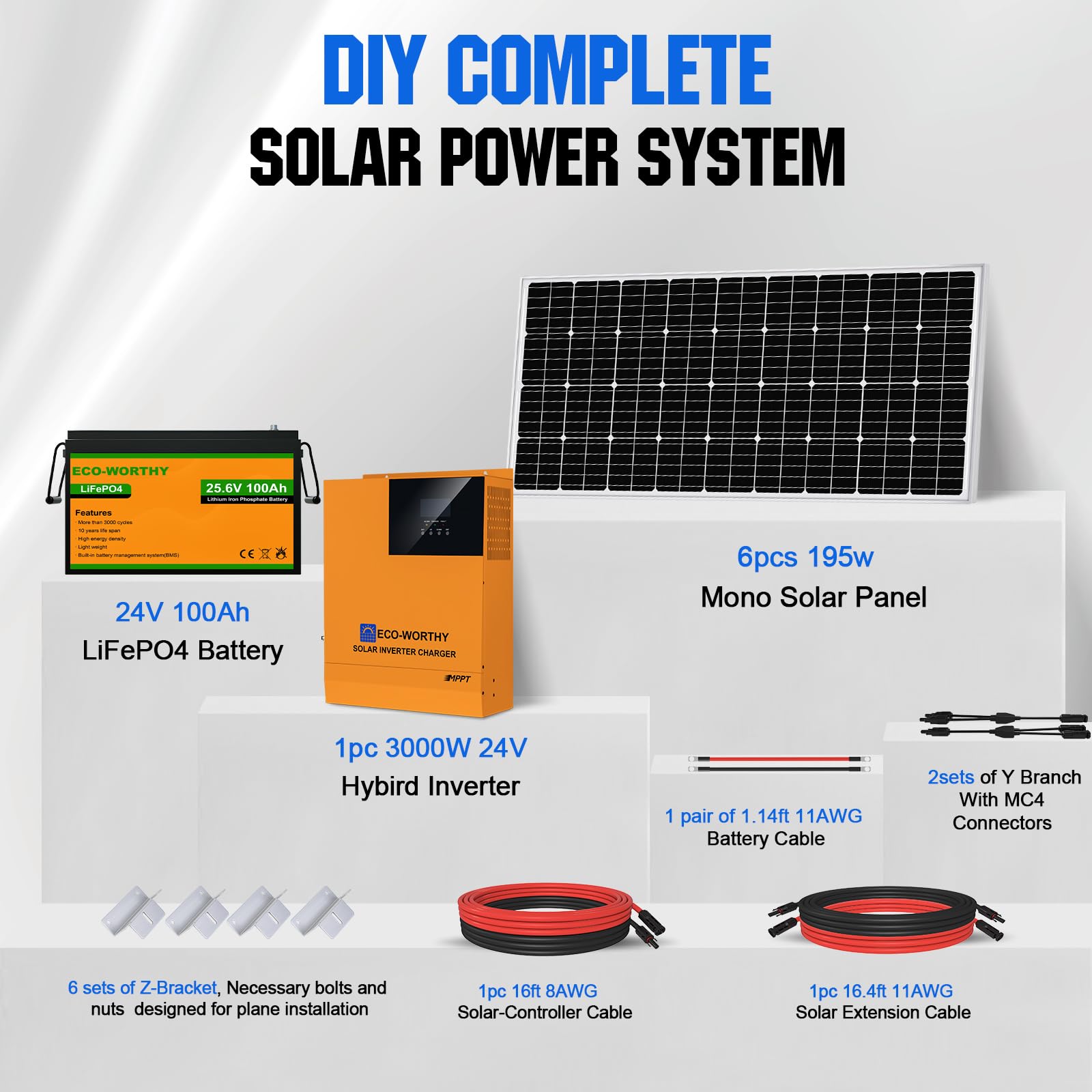 ECO-WORTHY 4.8KWH Solar Power Complete Kit 1200W 24V with Lithium Battery and Inverter for Home: 6pcs 195W Solar Panel + 1pc 25.6V 100Ah Li-Battery + 3000W MPPT Hybrid Charger Inverter