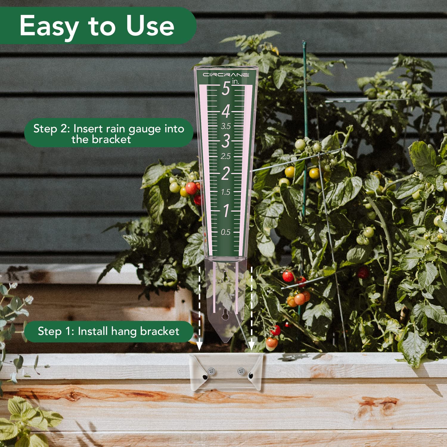 Circrane 5-Inch Capacity Outdoor Rain Gauge with Additional Hang Bracket& Stainless Steel Screws, Magnifying Scale and Numbers Design for Easy Read (Green)