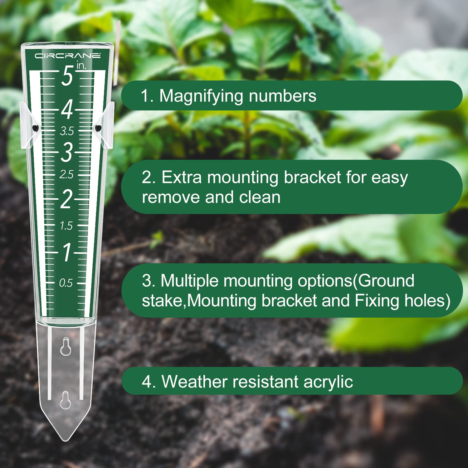 Circrane 5-Inch Capacity Outdoor Rain Gauge with Additional Hang Bracket& Stainless Steel Screws, Magnifying Scale and Numbers Design for Easy Read (Green)