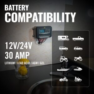 Battery Tender 30 AMP PWM Solar Charge Controller for 12 Volt/24 Volt Lead Acid, Gel, and AGM Batteries and 12 Volt Lithium Batteries