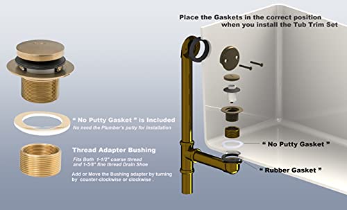 Champagne Bronze Tip-Toe Tub Trim Set with Two-Hole Overflow Faceplate and No Plumber’s Gasket, Replacement Bath Drain Trim Kit with Universal Fine/Coarse Thread, No Putty Installation by Artiwell