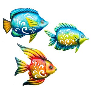 bvlfook coastal wall decor, ocean sea metal fish wall decor, hanging wall art decoration for indoor outdoor, beach nautical tropical fish wall sculpture for pool bathroom bedroom patio