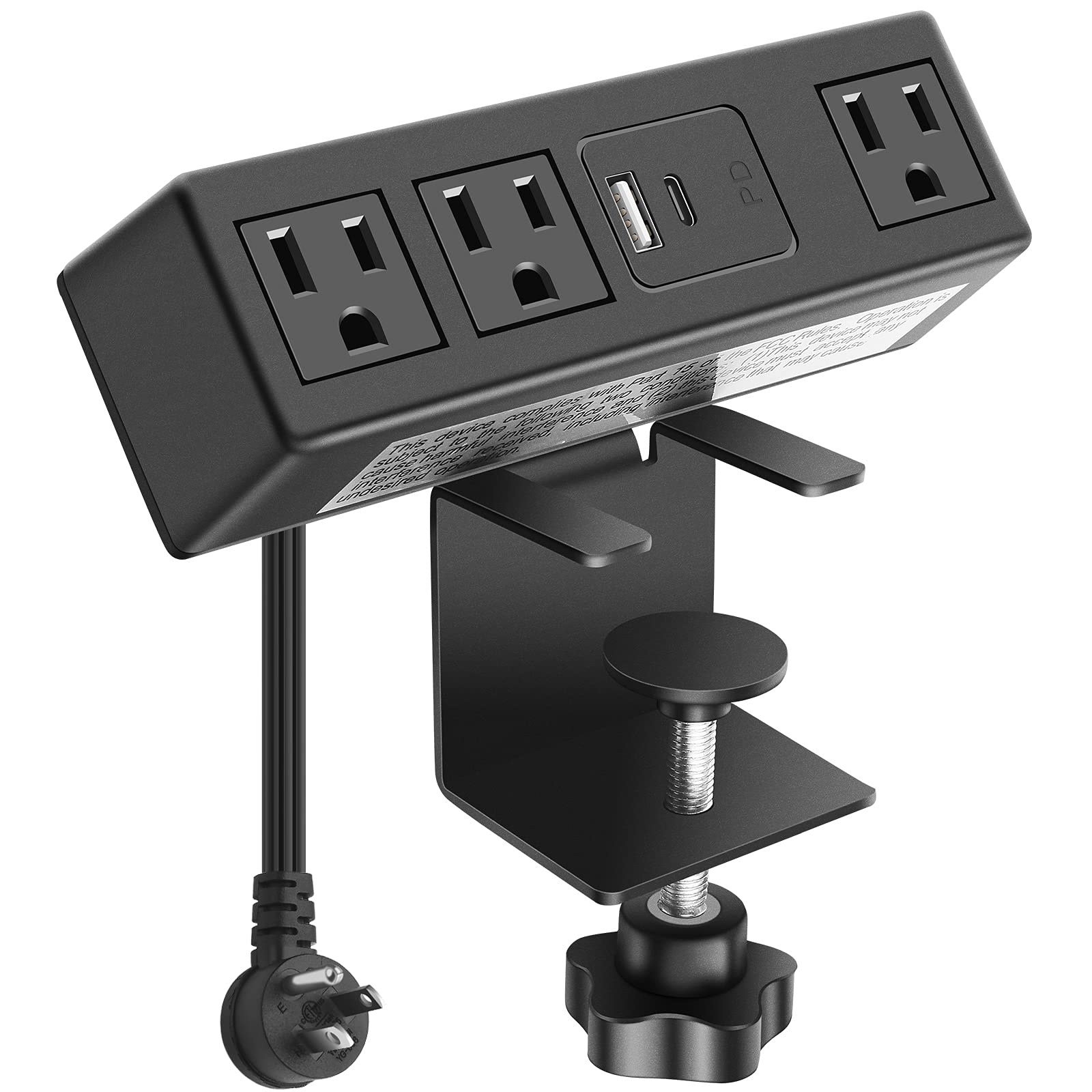 CCCEI Desk Clamp Power Strip with PD 3.0 Fast Charging USB C Port, on Desktop Mount Widely Spaced Outlet 6 FT Flat Plug, Fit 1.6 inch Tabletop Edge Thick, 125V 12A 1500W (Black)