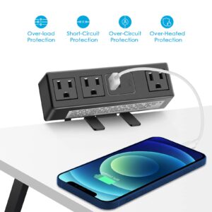 CCCEI Desk Clamp Power Strip with PD 3.0 Fast Charging USB C Port, on Desktop Mount Widely Spaced Outlet 6 FT Flat Plug, Fit 1.6 inch Tabletop Edge Thick, 125V 12A 1500W (Black)