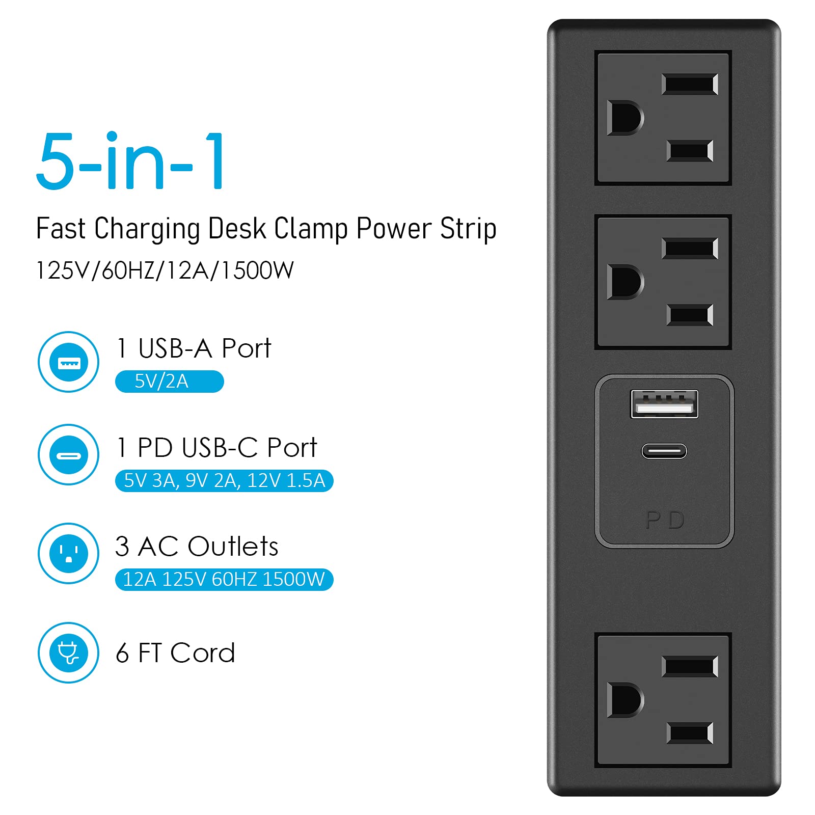 CCCEI Desk Clamp Power Strip with PD 3.0 Fast Charging USB C Port, on Desktop Mount Widely Spaced Outlet 6 FT Flat Plug, Fit 1.6 inch Tabletop Edge Thick, 125V 12A 1500W (Black)