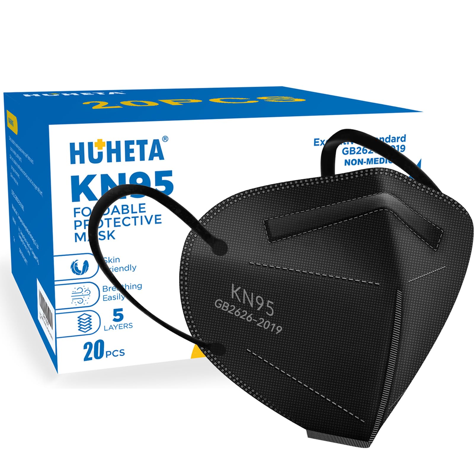 HUHETA KN95 Masks, Packs of 20 Black Face Mask, 5-Layers Protective Cup Dust Masks for Outdoor Indoor Use