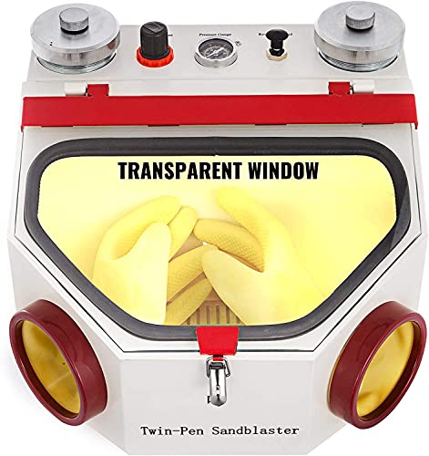 EustomA Twin Double Pen Fine Sandblaster Lab Equipment 50W Sand Blaster Unit with LED Lamp（Metal Bottles）