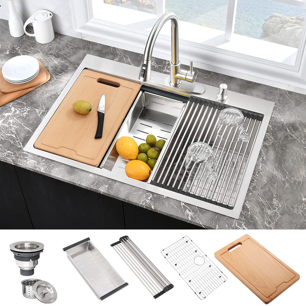 25 Inch Drop In Kitchen Sink Workstation-Hovheir 25x20x10 Stainless Steel Topmount Kitchen Sink 16 Gauge Single Bowl Kitchen Sink Handmade 10 Inch Deep Kitchen Sink with Cutting Board