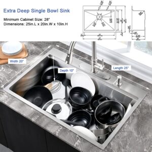 25 Inch Drop In Kitchen Sink Workstation-Hovheir 25x20x10 Stainless Steel Topmount Kitchen Sink 16 Gauge Single Bowl Kitchen Sink Handmade 10 Inch Deep Kitchen Sink with Cutting Board