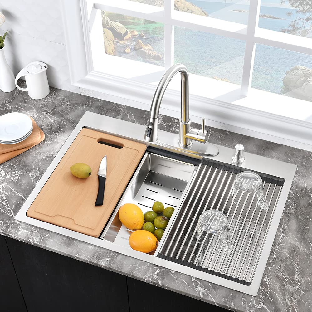 25 Inch Drop In Kitchen Sink Workstation-Hovheir 25x20x10 Stainless Steel Topmount Kitchen Sink 16 Gauge Single Bowl Kitchen Sink Handmade 10 Inch Deep Kitchen Sink with Cutting Board