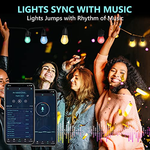 Outdoor String Lights with 25 Multi-Color LED Bulbs, 49ft IP65 Waterproof Shatterproof RGBW Patio Light, Bluetooth App&Remote Control, Hanging Christmas Light for Outside Backyard Garden Party Balcony