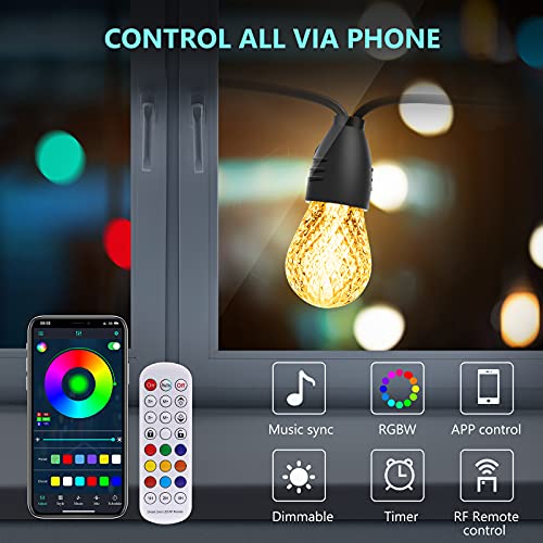 Outdoor String Lights with 25 Multi-Color LED Bulbs, 49ft IP65 Waterproof Shatterproof RGBW Patio Light, Bluetooth App&Remote Control, Hanging Christmas Light for Outside Backyard Garden Party Balcony