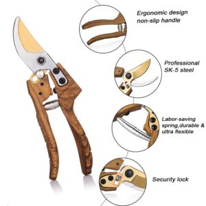 Pruning Shears, Professional Sharp Garden Shears, SK-5 Stainless Steel Pruners for Gardening, 8”Bypass Hand Pruners for Plants, Gardening, Trimming, Gardening Tools（Grain Wood)