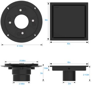 WEBANG 6 Inch Shower Square Drain Black Floor Drain with Flange Reversible 2-in-1 Cover Tile Insert Grate Removable SUS304 Stainless Steel CUPC Certified Matte Black