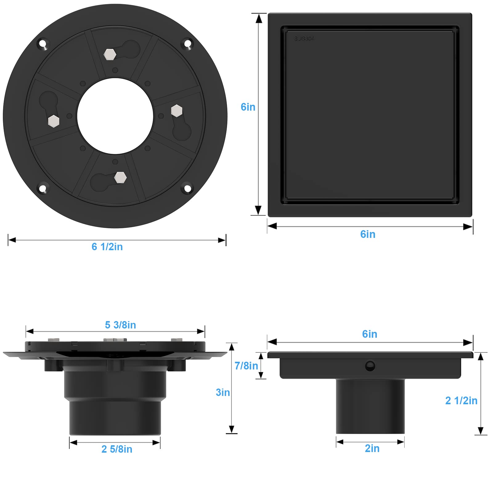 WEBANG 6 Inch Shower Square Drain Black Floor Drain with Flange Reversible 2-in-1 Cover Tile Insert Grate Removable SUS304 Stainless Steel CUPC Certified Matte Black