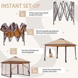 11'x11' Patio Gazebo 2-Tier Outdoor Pop up Canopy Tent with Netting Sidewalls Brown