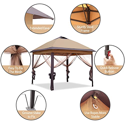 11'x11' Patio Gazebo 2-Tier Outdoor Pop up Canopy Tent with Netting Sidewalls Brown