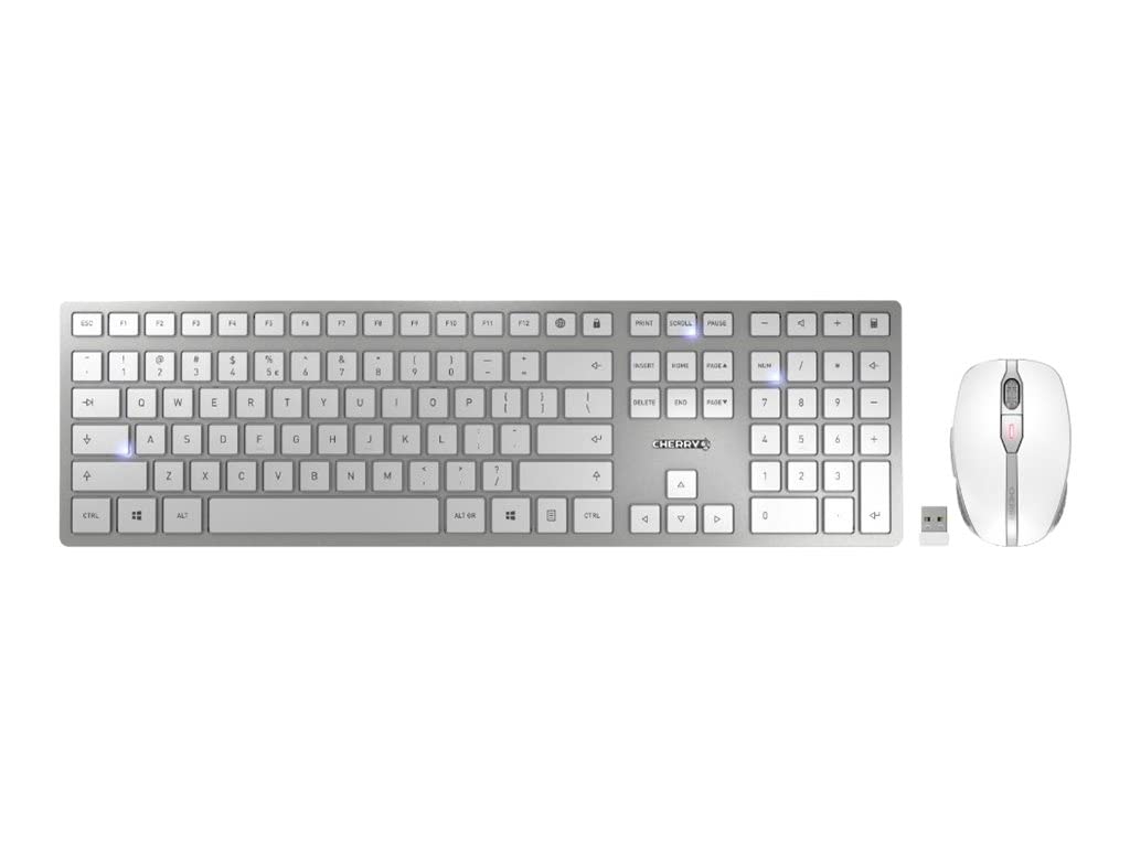 CHERRY DW 9100 Slim Wireless Keyboard and Mouse Set Combo Rechargeable with SX Scissor Mechanism, Silent keystroke Quiet Typing with Thin Design for Work or Home Office. (White & Silver)