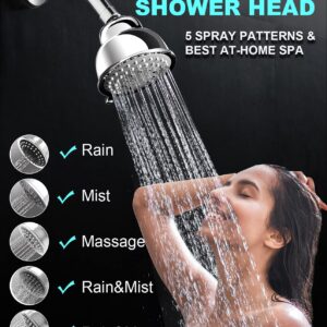 Shower Head High Pressure, Rain Shower Head, 4 Inch Detachable Showerheads, Tool-Free Installation, Automatic Cleaning, 5 Spray Settings, More Water Savings (2.5 GPM)