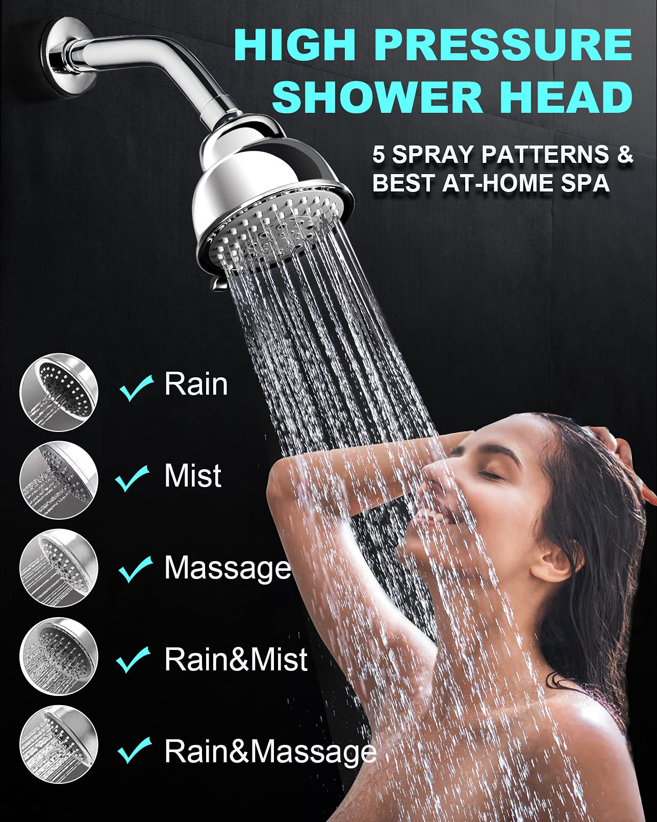 Shower Head High Pressure, Rain Shower Head, 4 Inch Detachable Showerheads, Tool-Free Installation, Automatic Cleaning, 5 Spray Settings, More Water Savings (2.5 GPM)