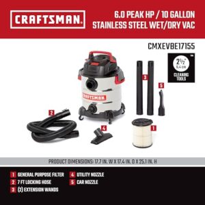 Craftsman CMXEVBE17155 10 Gallon 6.0 Peak HP Stainless Steel Wet/Dry Vac, Portable Shop Vacuum with Attachments