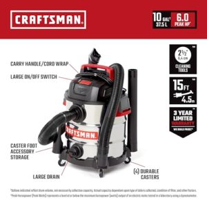 Craftsman CMXEVBE17155 10 Gallon 6.0 Peak HP Stainless Steel Wet/Dry Vac, Portable Shop Vacuum with Attachments