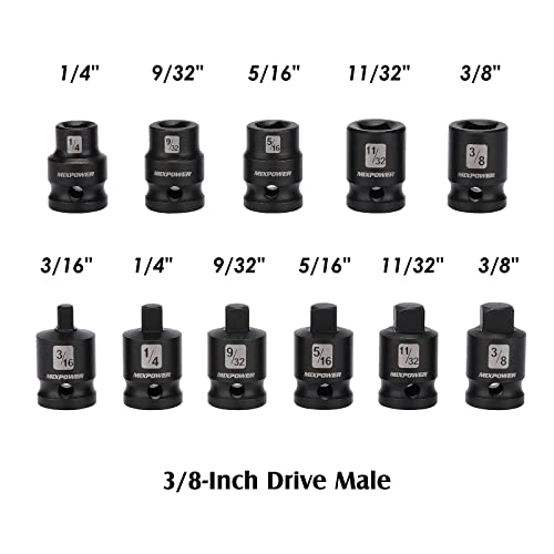 MIXPOWER 11 Pieces 3/8-inch Drive Pipe Plug Socekt Set, SAE, CR-MO, Tapered Male Square Drive, Chamfered Female Square Drive