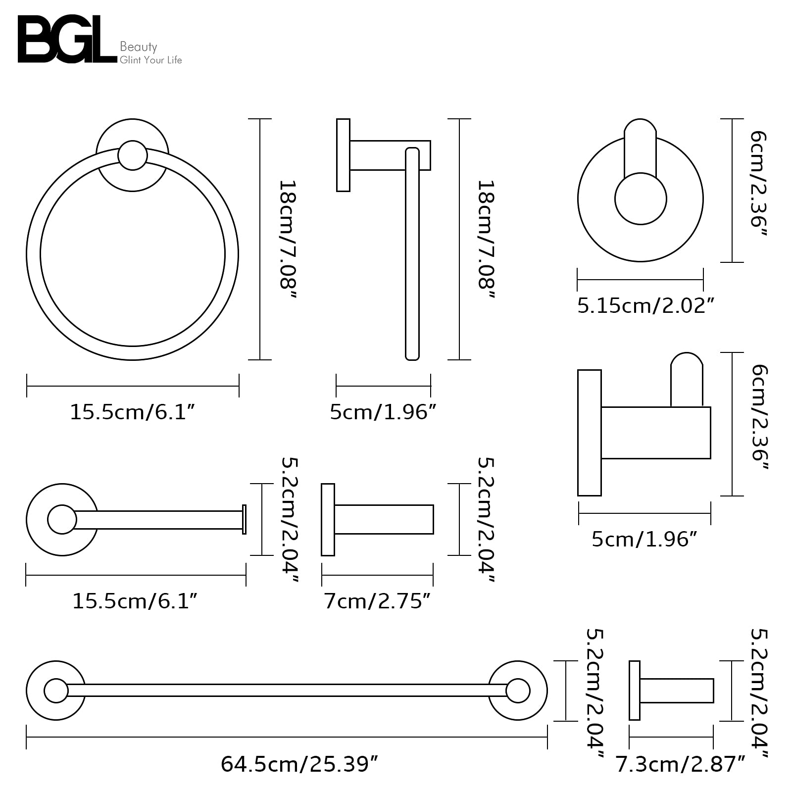 BGL Bathroom Accessory Set Brushed Nickel 4-Pieces Bathroom Towel Rack 24 Inches Adjustable Bathroom Hardware Set