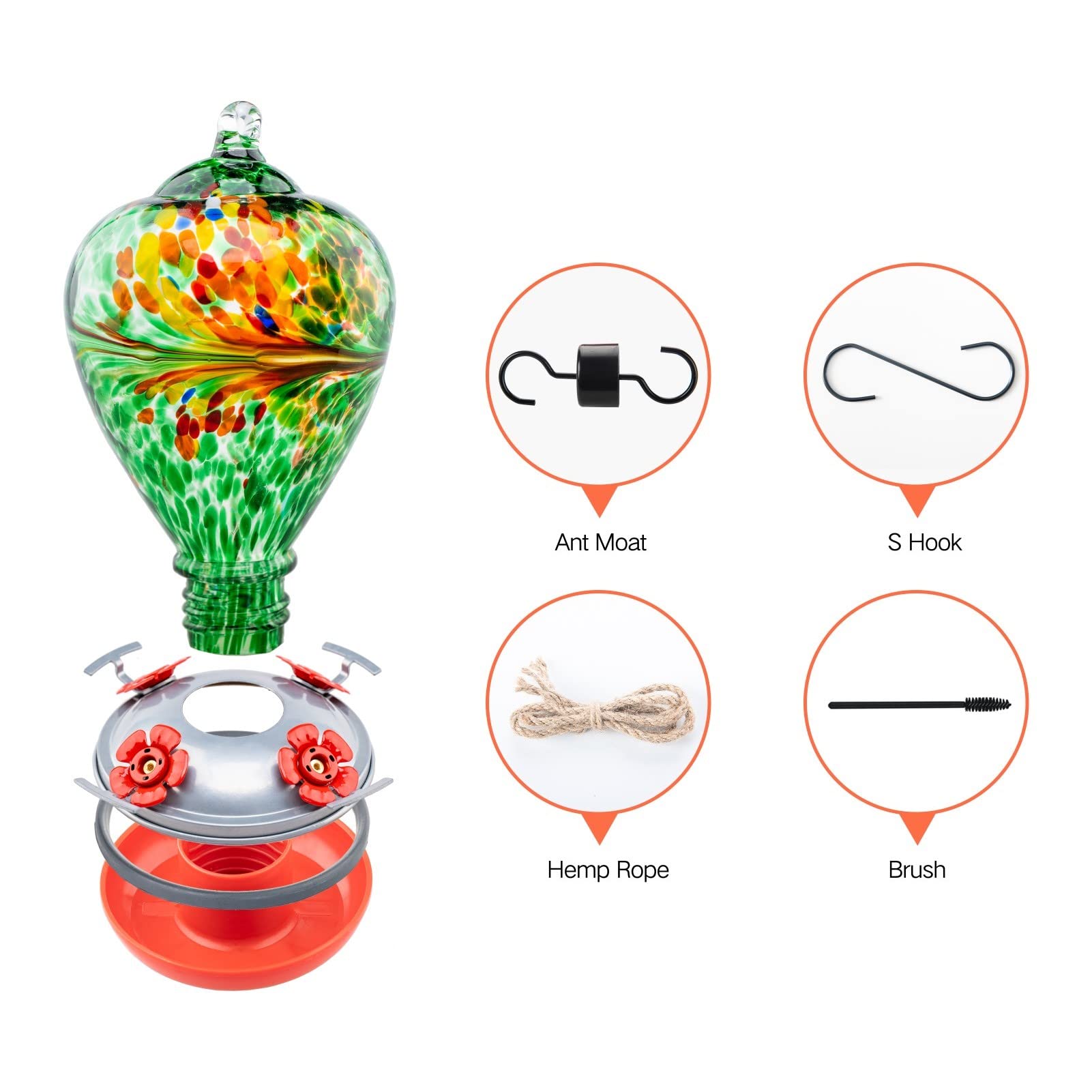 Muse Garden Hummingbird Feeder for Outdoors 2 Pack, Hand Blown Glass, 34 Ounces, Containing Ant Moat, Daylight and Peacock