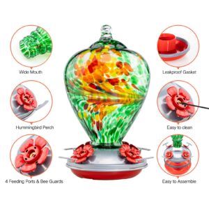 Muse Garden Hummingbird Feeder for Outdoors 2 Pack, Hand Blown Glass, 34 Ounces, Containing Ant Moat, Daylight and Peacock