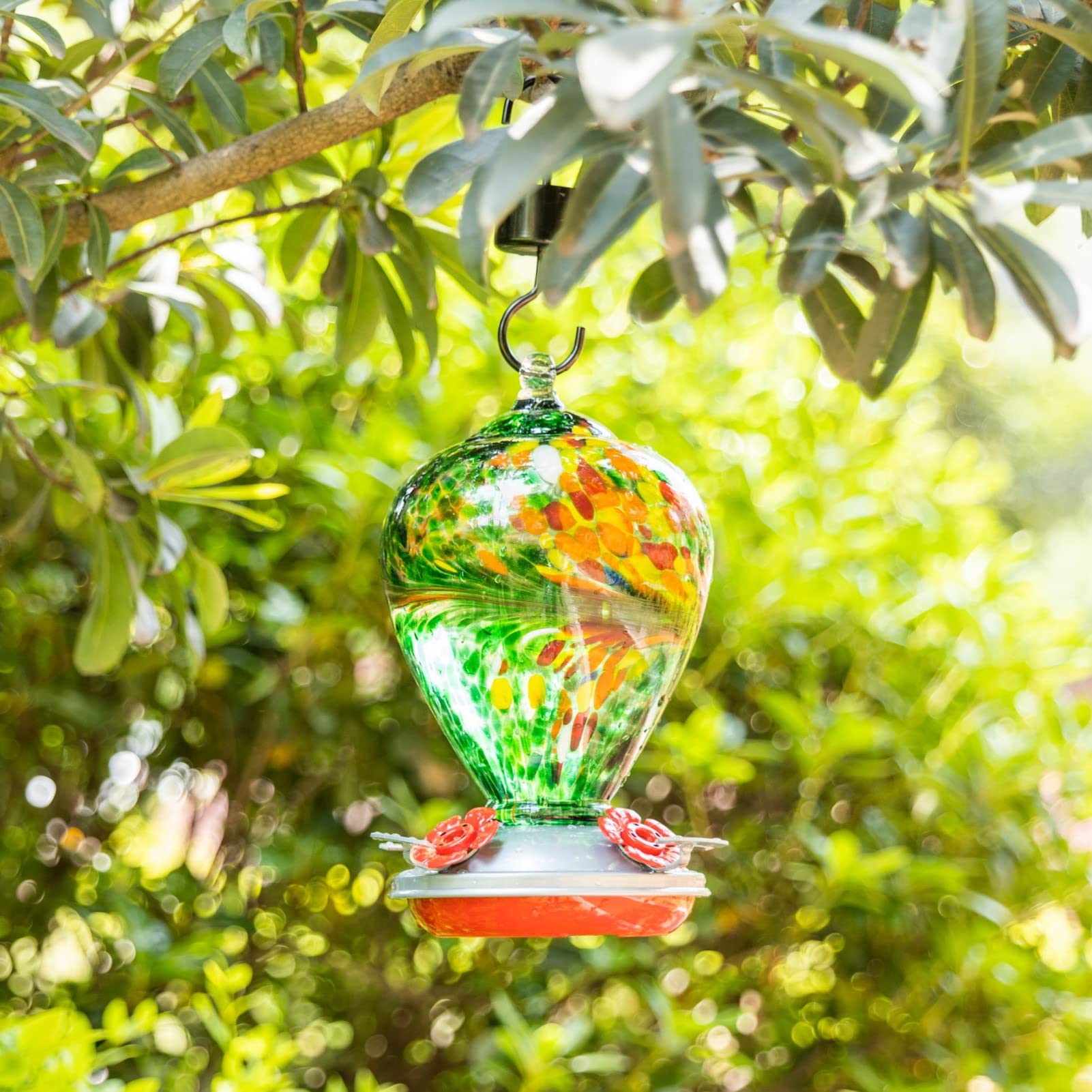 Muse Garden Hummingbird Feeder for Outdoors 2 Pack, Hand Blown Glass, 34 Ounces, Containing Ant Moat, Daylight and Peacock