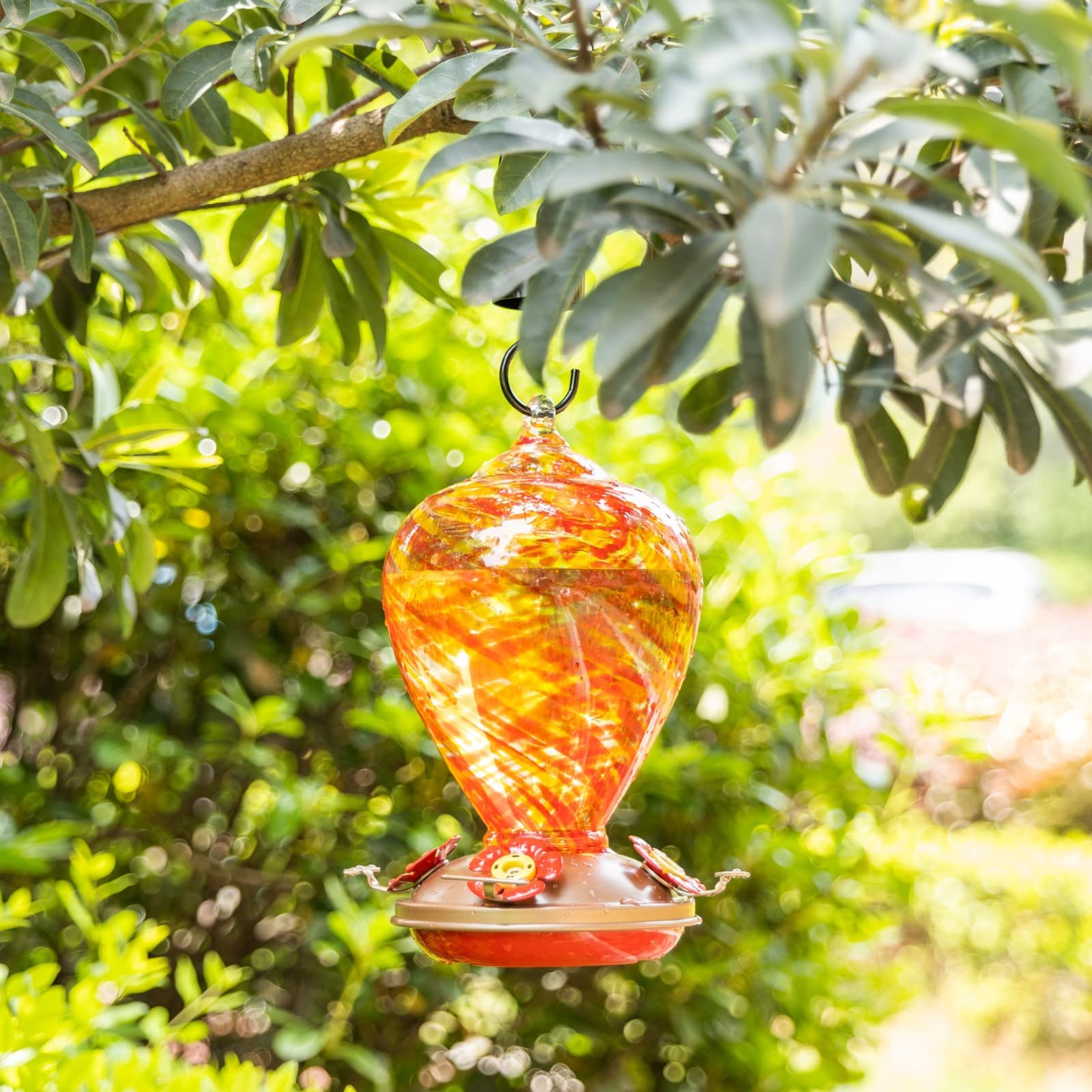 Muse Garden Hummingbird Feeder for Outdoors 2 Pack, Hand Blown Glass, 34 Ounces, Containing Ant Moat, Daylight and Peacock