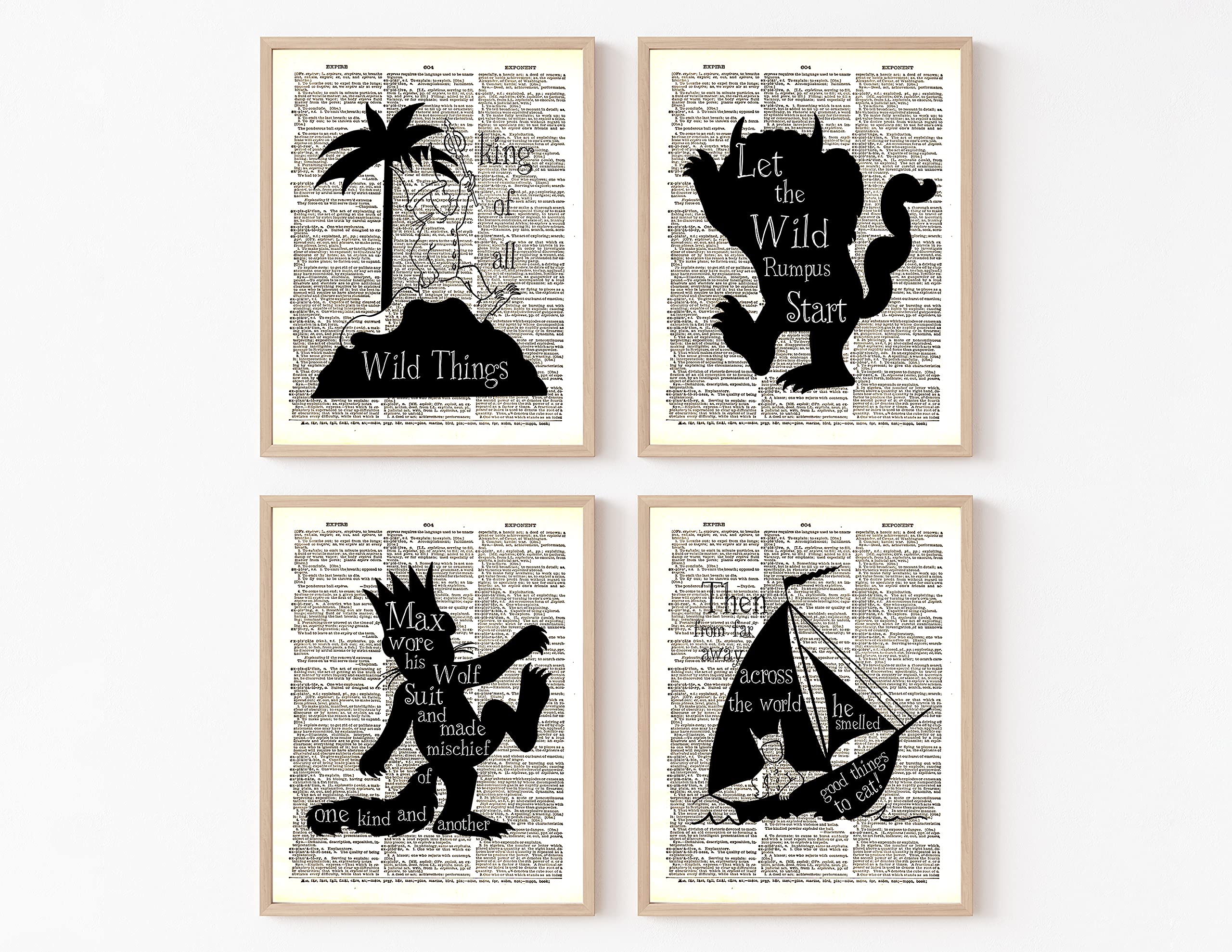 Wild Things - Decor - 4 piece set - Dictionary Art Print Quotes and Sayings Print - UNFRAMED 8 X 10 inches