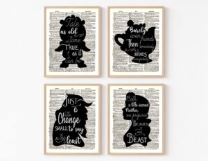 beauty and the beast - cogsworth decor - 4 piece set - belle quote - dictionary art print quotes and sayings print - unframed 8 x 10 inches