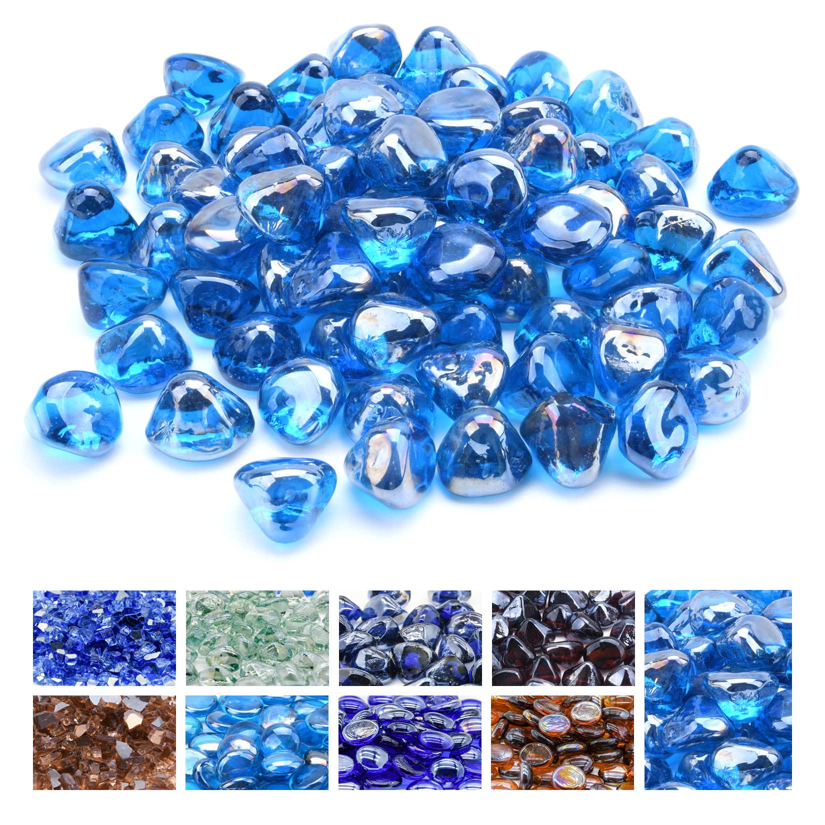 GasSaf 10-Pound 1 inch Diamonds Fire Glass for Gas Fire Pit Fireplace, Propane Fire Pit & Landscaping (Caribbean Blue Luster)