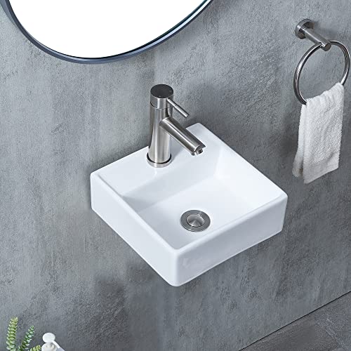 Friho 11×11×4 inch Small Sinks for Tiny Bathrooms,Countertop Sink,Wall Mount Sink,White Corner Wall Mounted Bathroom Vessel Sink,Mini Rectangle Lavatory Porcelain Ceramic Washing Bathroom Vanity Sink