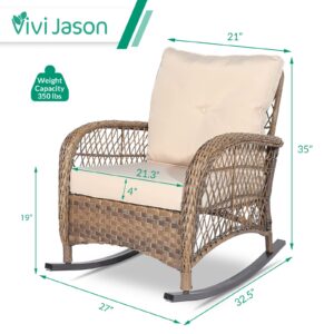 VIVIJASON Outdoor Wicker Rocking Chair, Patio Rattan Rocker Chair with Cushions & Steel Frame, All-Weather Rocking Lawn Wicker Furniture for Garden Backyard Porch (Beige)