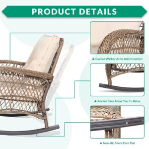 VIVIJASON Outdoor Wicker Rocking Chair, Patio Rattan Rocker Chair with Cushions & Steel Frame, All-Weather Rocking Lawn Wicker Furniture for Garden Backyard Porch (Beige)