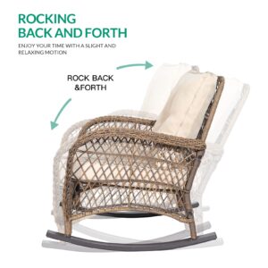 VIVIJASON Outdoor Wicker Rocking Chair, Patio Rattan Rocker Chair with Cushions & Steel Frame, All-Weather Rocking Lawn Wicker Furniture for Garden Backyard Porch (Beige)